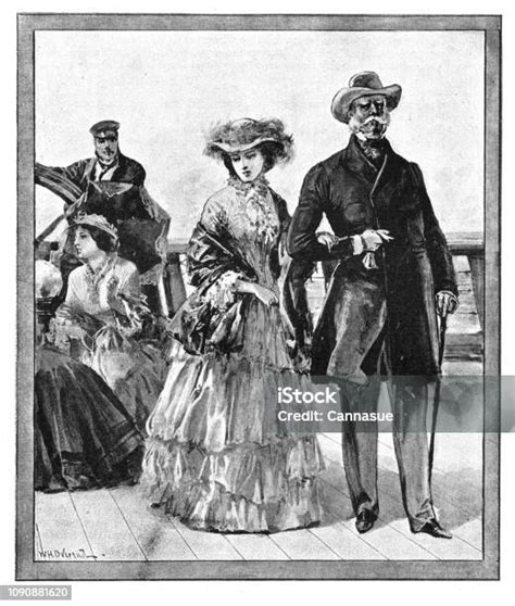갑판에서 산책 하는 우아한 커플의 빅토리아 검은색과 흰색 조각 19 세기 승객 보트 19 세기의 로맨스 영어 그림 1892 19세기에 대한 스톡 벡터 아트 및 기타 이미지