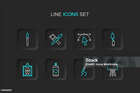 라인 나무 이젤 페인트 브러시 스프레이 캔 그림 팔레트 나이프 베 지어 곡선 및 아이콘을 설정합니다 벡터 개념에 대한 스톡 벡터