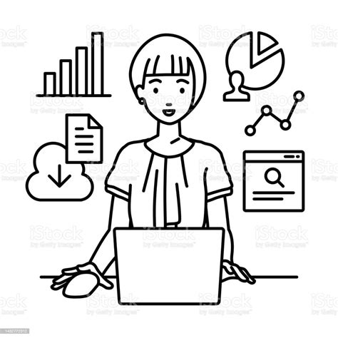 웹 사이트 검색 클라우드에서 파일 공유 분석 및 책상에서 보고서를 만들기 위해 랩톱 컴퓨터를 사용하여 캐주얼 한 작업 스타일의 여성 검색에 대한 스톡 벡터 아트 및 기타