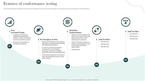 Features Of Conformance Testing Compliance Testing Ppt Show Graphics Example Ppt Presentation
