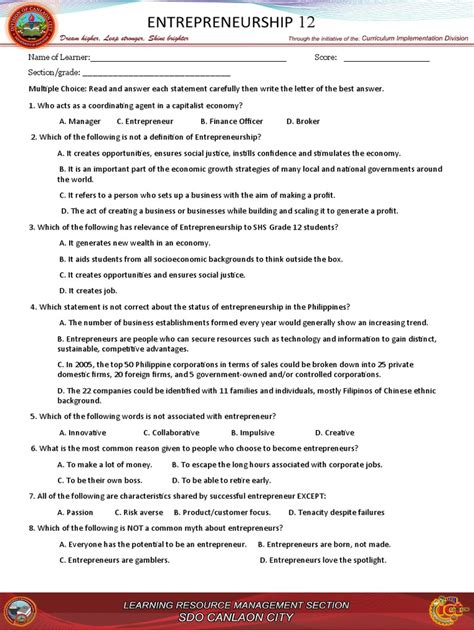 Diagnostic Test Tvl Css 12 Pdf Entrepreneurship Marketing