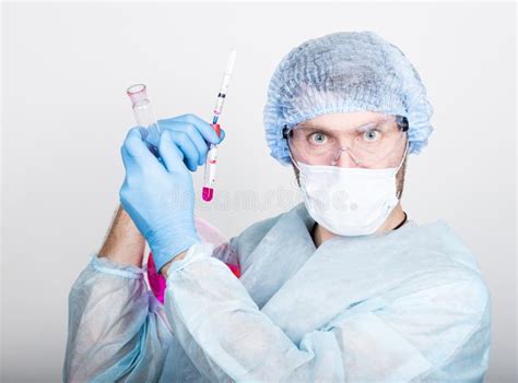 Funny Crazy Emotional Chemist With Flask Mad Scientist In His Laboratory Experimenting On