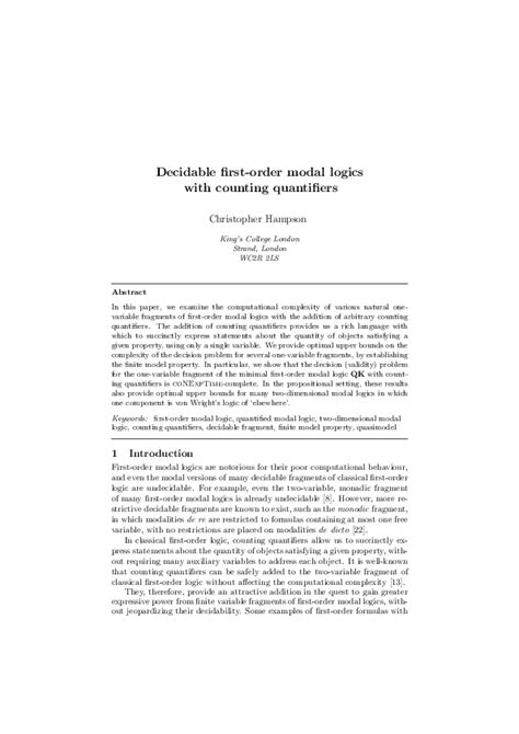 Pdf Decidable First Order Modal Logics With Counting Quantifiers