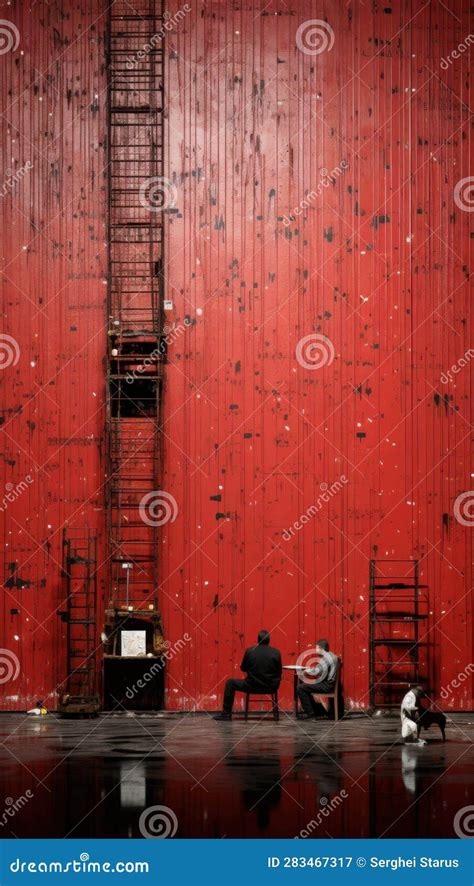 Two People Sitting On A Bench In Front Of A Red Wall Generative Ai Image Stock Image Image