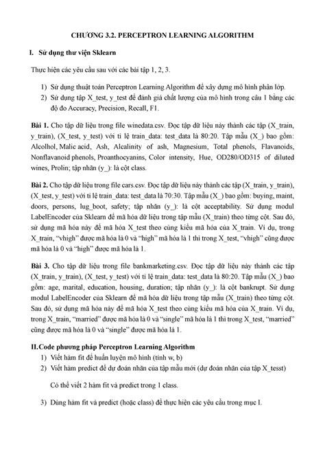 Chương Bài tập Perceptron Learning Algorithm CHƯƠNG PERCEPTRON LEARNING ALGORITHM I