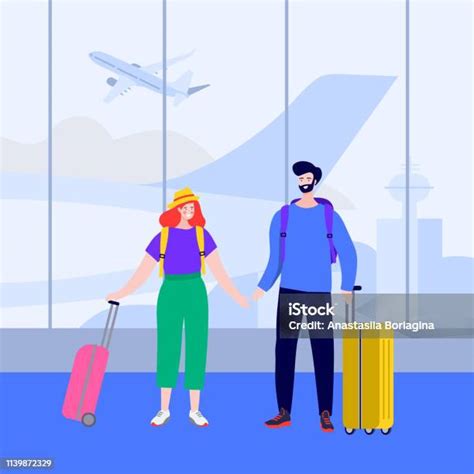 도착 및 출발에 짐을 가진 행복 한 젊은 부부 공항에서 신혼 부부는 가방으로 여행에 비행 만화 평면 벡터 일러스트 비행기에 대한 스톡 벡터 아트 및 기타 이미지 Istock