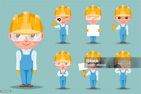 작성기 엔지니어 기술자 정비사 귀여운 마스코트 행복 지원 승인 만화 캐릭터 세트 디자인 벡터 일러스트 레이 션 건물 외관에 대한