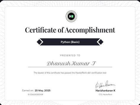 Earned Python Basic Certification From Hackerrank Dhanush Kumar T