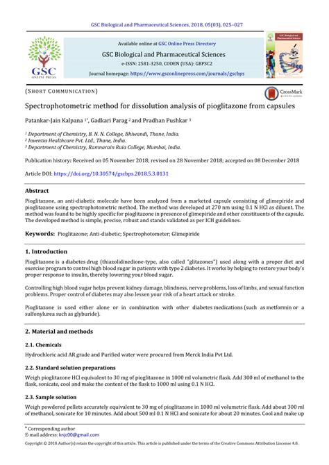Pdf Spectrophotometric Method For Dissolution Analysis Of Pioglitazone From Capsules