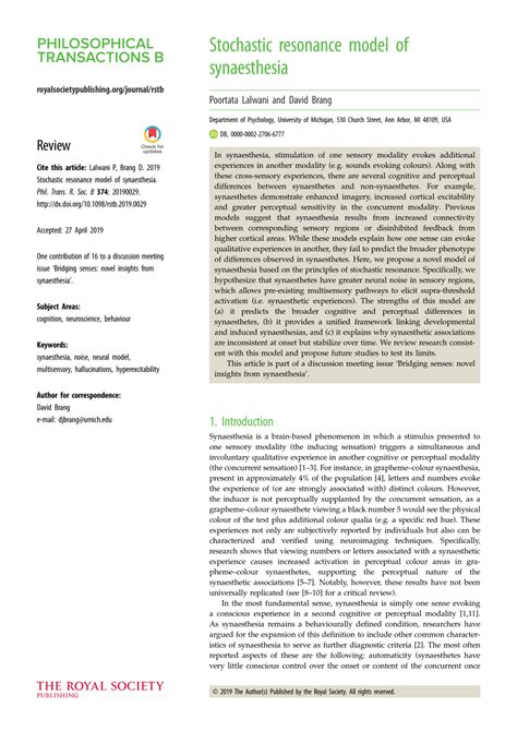 Pdf Stochastic Resonance Model Of Synaesthesia