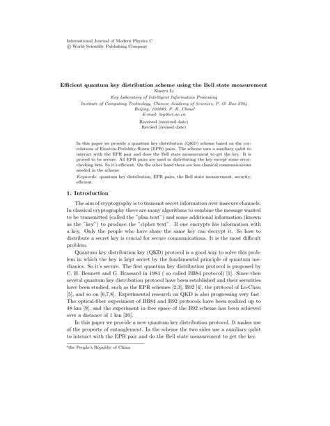 Pdf Efficient Quantum Key Distribution Scheme Using The Bell State