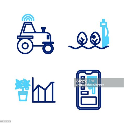 세트 라인 스마트 제어 농업 시스템 꽃 통계 독립 형 센서 및 식물 및 무선 트랙터 스마트 아이콘 벡터 건강관리와 의술에 대한