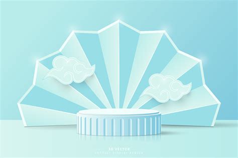 현대 파란색 3d 실린더 연단 받침대는 중국 팬 배경 구름 떠 다니는 사실적입니다 제품 모형 템플릿 프레젠테이션을 위한 최소한의 장면 승진 단계와 새해 복 많이 받으세요 3