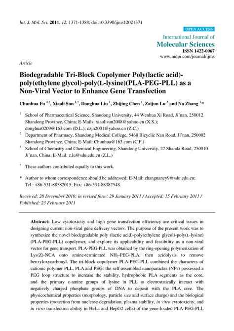 Pdf Biodegradable Tri Block Copolymer Polylactic Acid Polyethylene Glycol Polyl Lysine