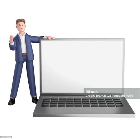 3d 사업가 임원 포즈는 흰색 배경에 격리된 빈 화면 노트북과 함께 서 있는 양복을 입고 3d 렌더링 3차원 형태에 대한 스톡 사진 및 기타 이미지 Istock