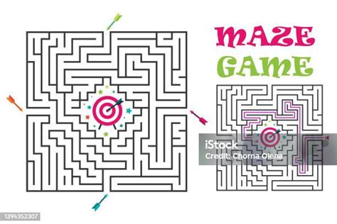 아이들을위한 광장 미로 미로 게임 표적과 화살표와 미로 논리 수수께끼 4 입구와 갈 수있는 하나의 올바른 방법 벡터 플랫 일러스트레이션 검색에 대한 스톡 벡터 아트 및 기타