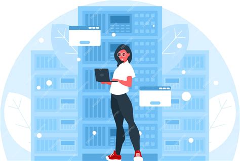 Premium Vector Female Programmer Holding A Laptop On A Background With Servers Woman Standing