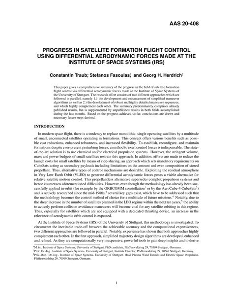 Pdf Progress In Satellite Formation Flight Control Using Differential