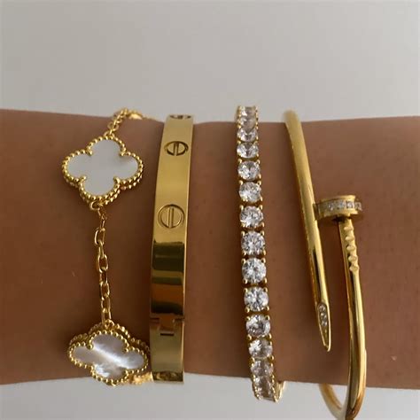 Gold Luxury Bracelets Set Clover Crystals And Tennis Bracelet In 2024