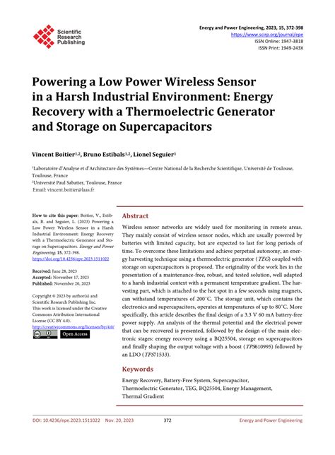 Pdf Powering A Low Power Wireless Sensor In A Harsh Industrial