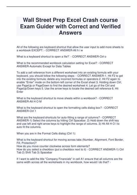 Wall Street Prep Excel Crash Course Exam Guider With Correct And Verified Answers Wall Street