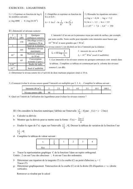 Exercices Logarithmes Ii IntensitÃ© Et Niveau Sonore Ii Log 10 L