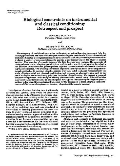 Pdf Biological Constraints On Instrumental And Classical Conditioning Retrospect And Prospect