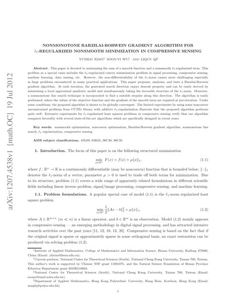 Pdf Nonmonotone Barzilai Borwein Gradient Algorithm For ℓ1 Regularized Nonsmooth Minimization