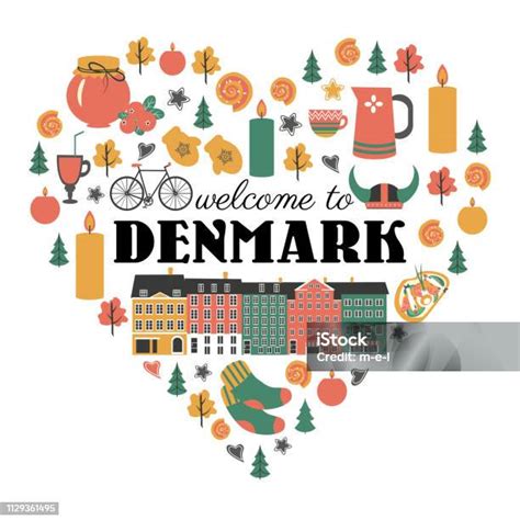 전통 음식으로 심장 모양에 덴마크어 기호 여행 아이콘 벡터 일러스트 절연 북유럽 국가 랜드마크 코펜하겐 시청 양 초 음식 달콤한 식기 의류 디자인에 대 한 코펜하겐에 대한