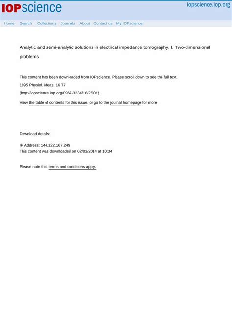 Pdf Analytic And Semi Analytic Solutions In Electrical Impedance Tomography I Two