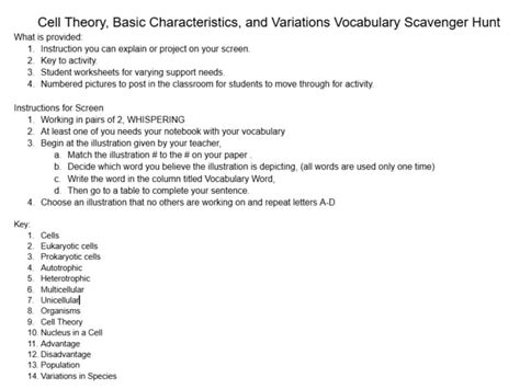 6th Cell Theoryand Basic Characteristics Oflivingorganism Vocabulary Scavengerhunt