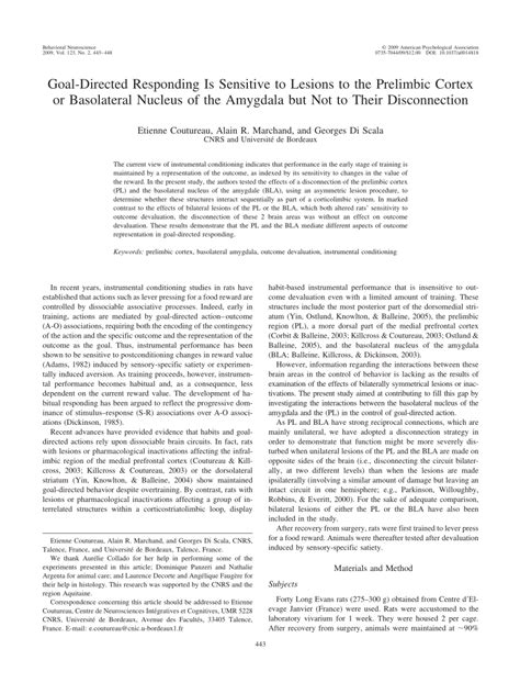 Pdf Goal Directed Responding Is Sensitive To Lesions To The Prelimbic Cortex Or Basolateral