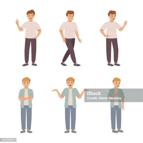 캐주얼 한 옷을 입은 젊은 남자 몸짓 세트 손가락으로 가리키는 남자 접힌 손으로 서 인사에 손을 흔들며 벡터 삽화를 의심