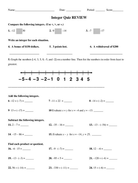 Fillable Online Integer Comparison On A Number Line Fax Email Print Pdffiller