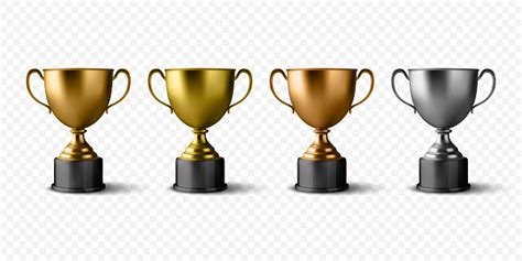 벡터 3d 현실적인 황금 청동 실버 챔피언 컵 아이콘 세트 근접 촬영이 분리되었습니다 챔피언십 트로피 컵 스포츠 토너먼트 상
