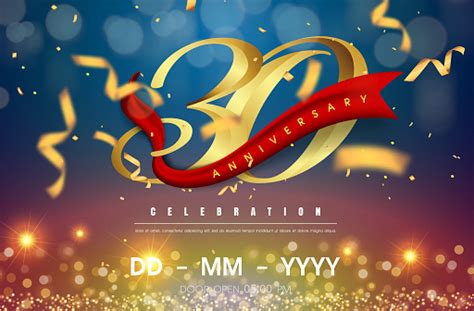 골드와 블루 배경 30 년 기념일 로고 템플릿 30 빨간색 리본 벡터와 색종이 고립 된 디자인 요소와 황금 숫자를 축 하 30에 대한 스톡 벡터 아트 및 기타 이미지