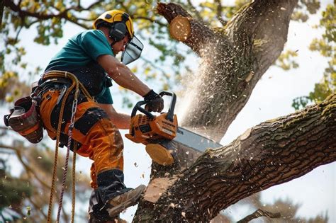 Tree Surgeon Using Chainsaw To Cut Tree Branch Tied Up With Rope Man Sawing Tree At Height
