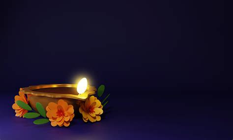 파란 배경에 종이 꽃 잎 및 복사 공간이있는 조명 된 황금 기름 램프 의 3d 렌더링 디야 램프에 대한 스톡 사진 및 기타 이미지 Istock