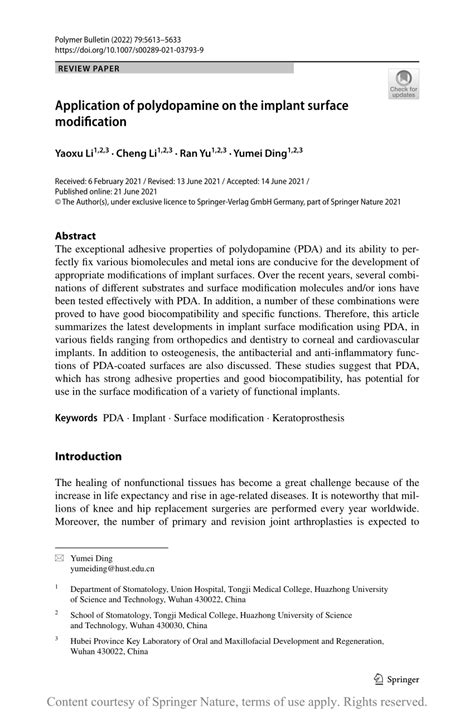 Application Of Polydopamine On The Implant Surface Modification