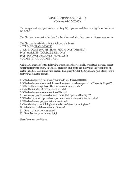 Information And Database System 1 Homework 3 Practice Cis 4301 Docsity