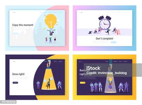 비즈니스 아이디어 마감일 성공 웹사이트 랜딩 페이지 템플릿 세트 사업가 사무실에서 작업 프로세스 열심히 일하고 있는 직원 들이