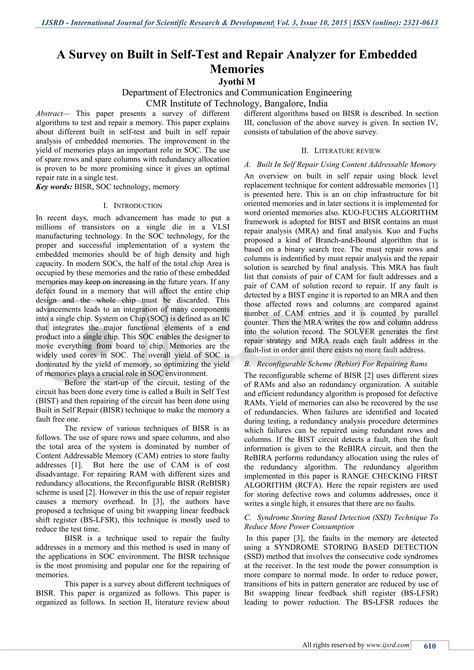 A Built In Self Test And Repair Analyser For Embedded Memories Pdf