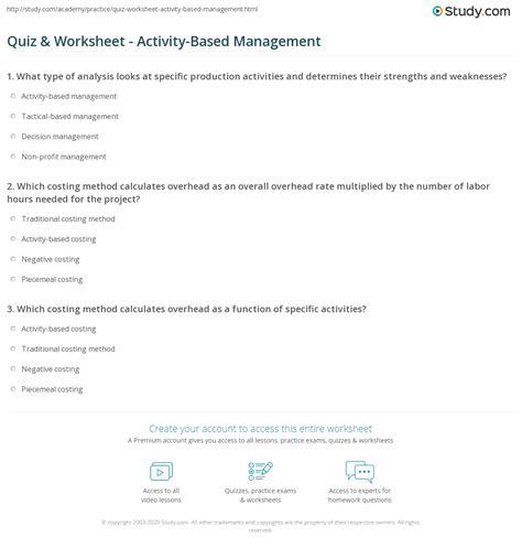 Quiz And Worksheet Activity Based Management