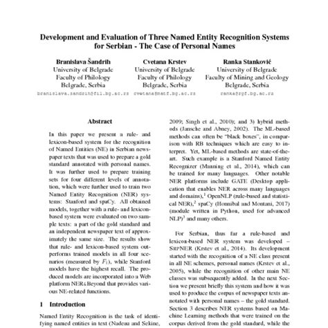 Development And Evaluation Of Three Named Entity Recognition Systems For Serbian The Case Of