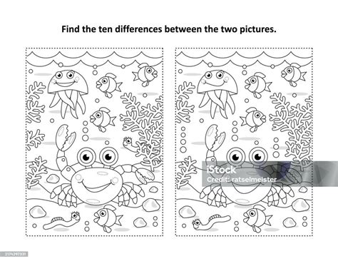수중 시각적 퍼즐 및 색칠 공부 페이지 게 바다 생물 흑백 어린이와 성인 모두에게 적합한 10가지 차이점을 찾아보세요 0명에 대한 스톡 벡터 아트 및 기타 이미지 Istock