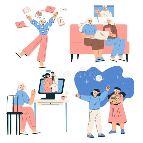 New Technologies With People Character Using Mobile Device Vector Set