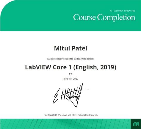 Certificate Of Completion Ni Labview Core 1 Mitul Patel