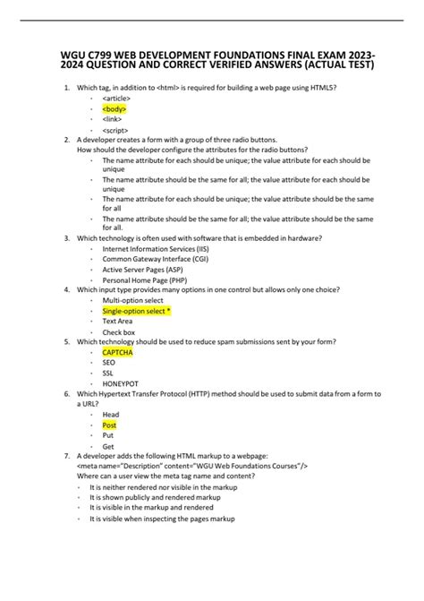 Wgu C799 Web Development Foundations Final Exam Question And Correct