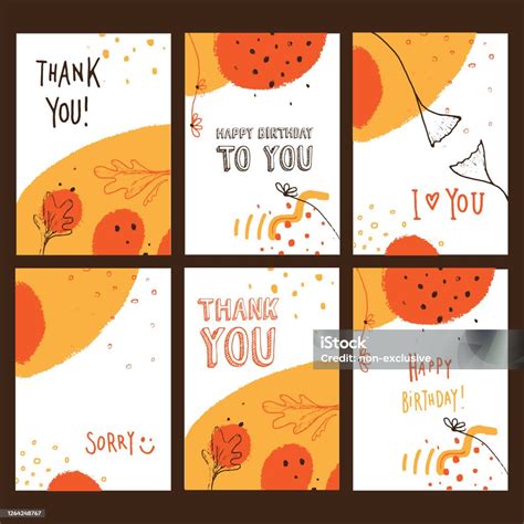 액체 모양 잎 및 텍스트와 여섯 다채로운 카드세트 벡터 A5 인사말 카드 휴일 포스터 배너 초대장을위한 A4 형식 템플릿 감사합니다 생일 축하합니다 죄송합니다 사랑 텍스트