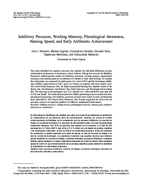 Pdf Inhibitory Processes Working Memory Phonological Awareness Naming Speed And Early